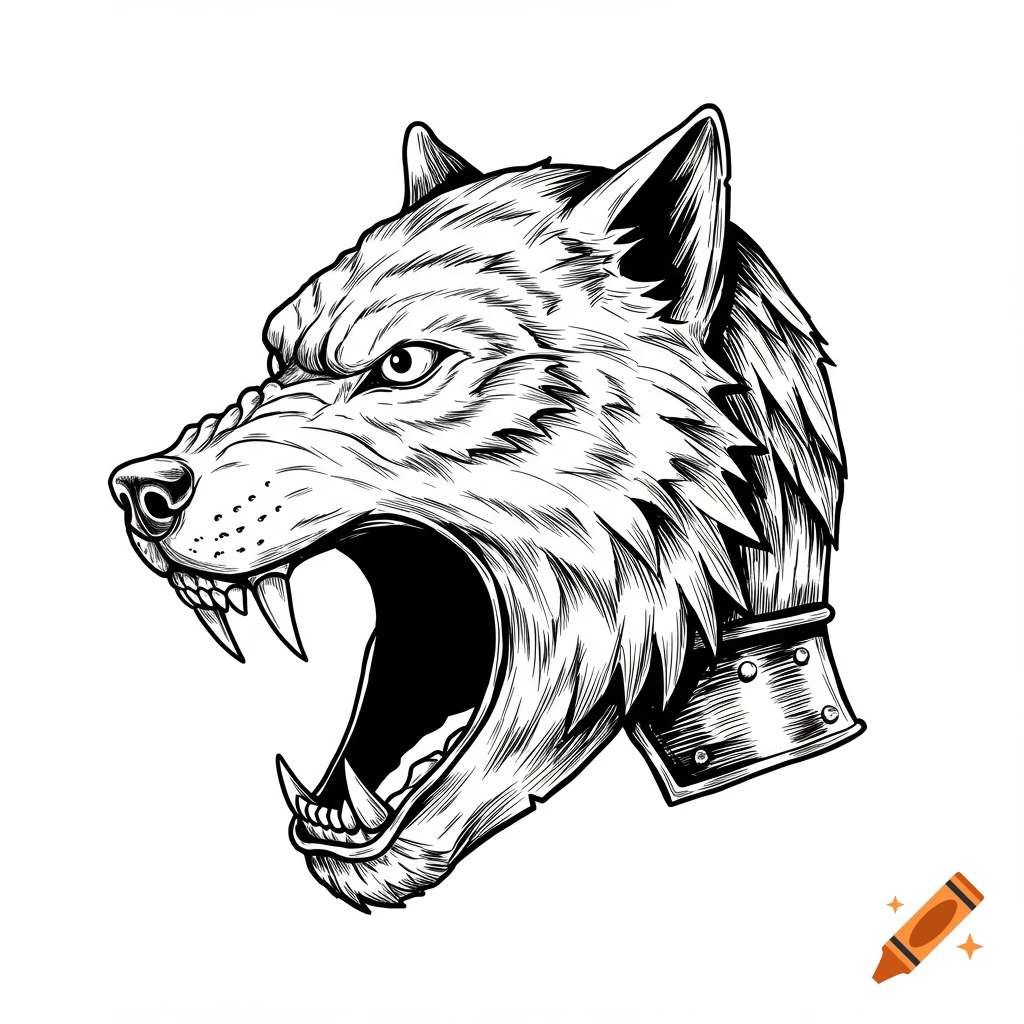 Line art illustration of a snarling wolf's head wearing a collar on Craiyon
