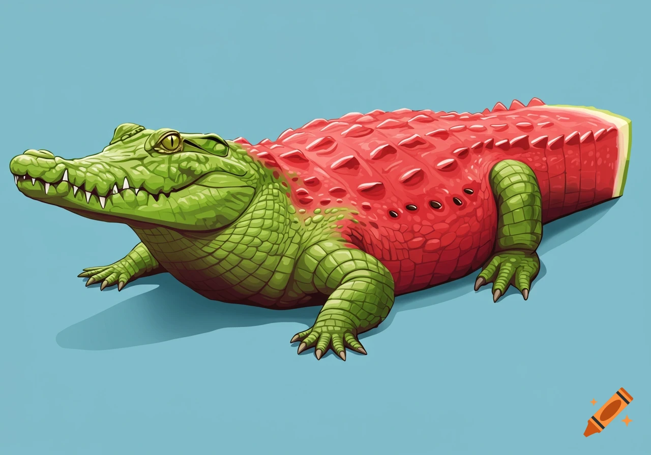 Stylized illustration of a crocodile with its body made of watermelon ...