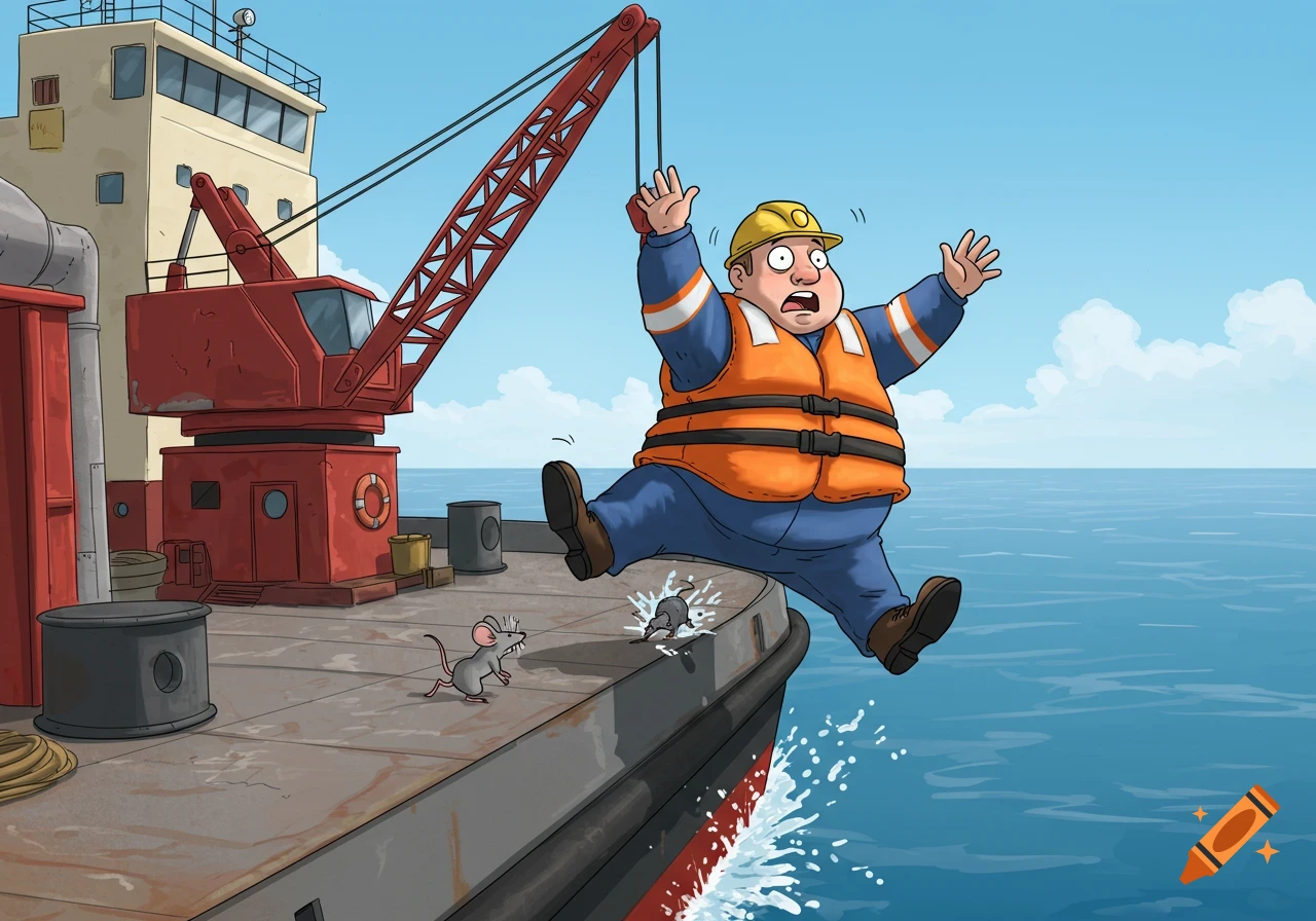 Cartoon of a construction worker falling off a boat after being ...
