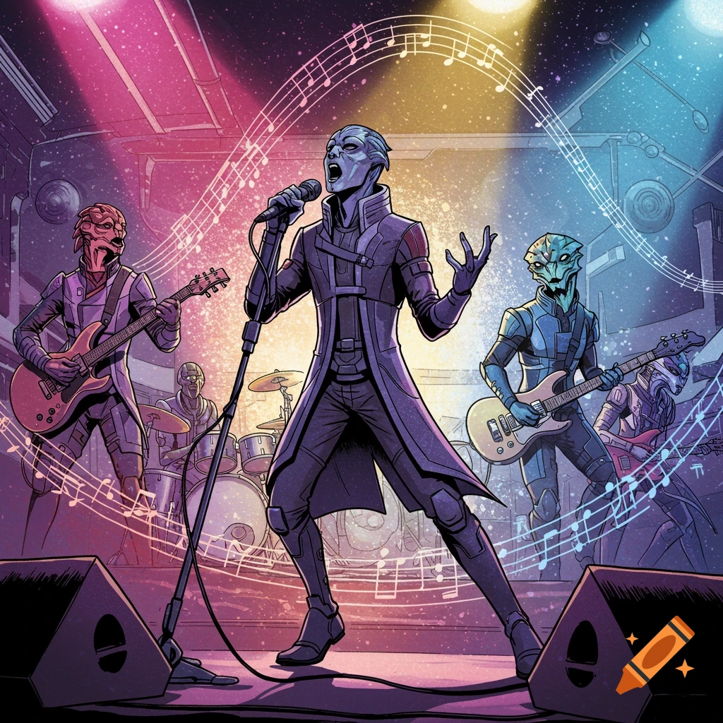 Sci-fi alien band performing on stage with instruments, graphic novel ...