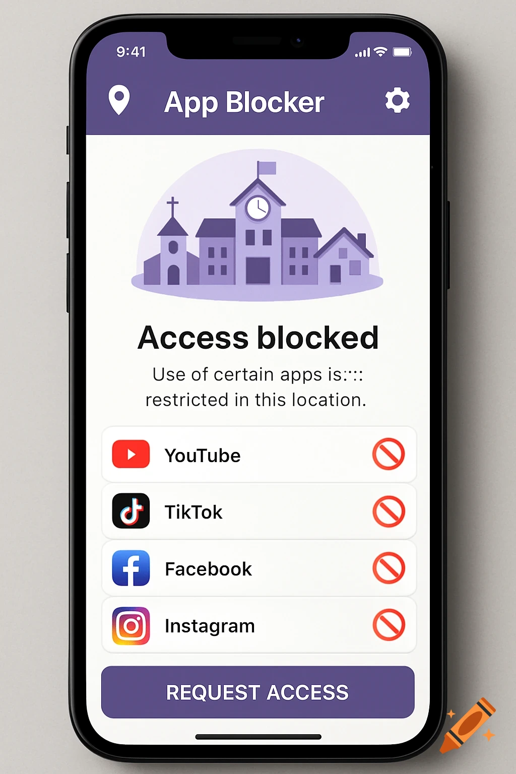 A smartphone screen displays an app called 'App Blocker' showing ...