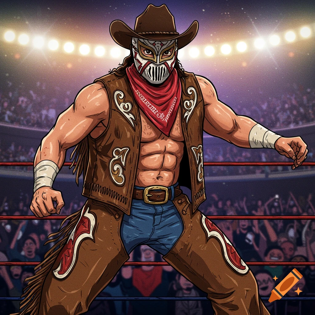 Cartoon illustration of a masked cowboy pro wrestler in a ring on Craiyon