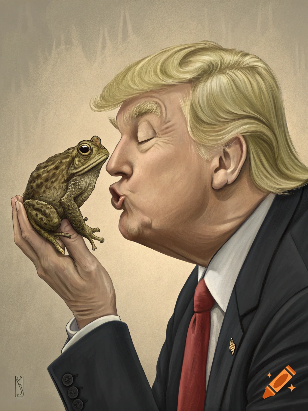 Caricature of Donald Trump puckering up to kiss a toad held in his hand ...
