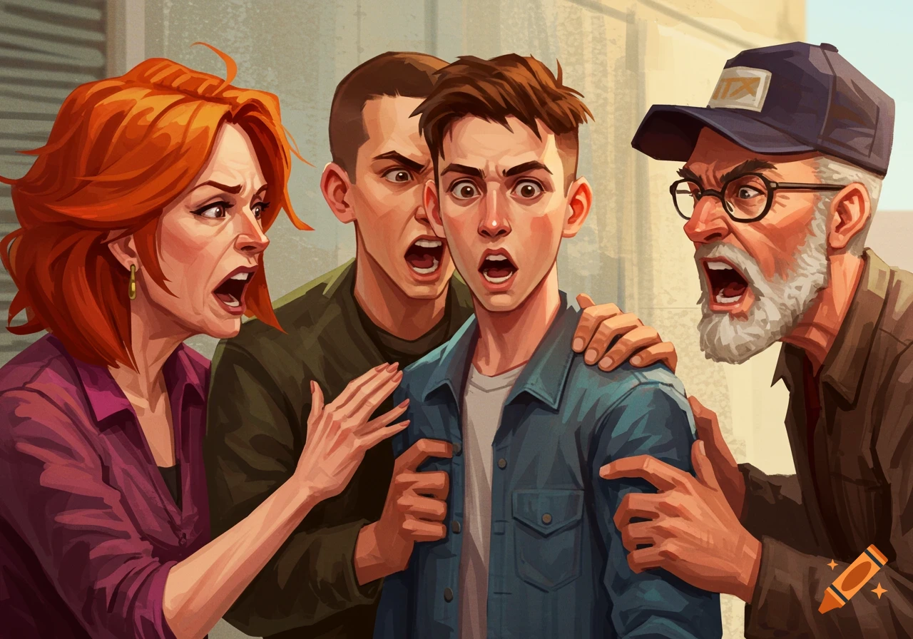Illustration of three people yelling at a young man, expressing shock ...
