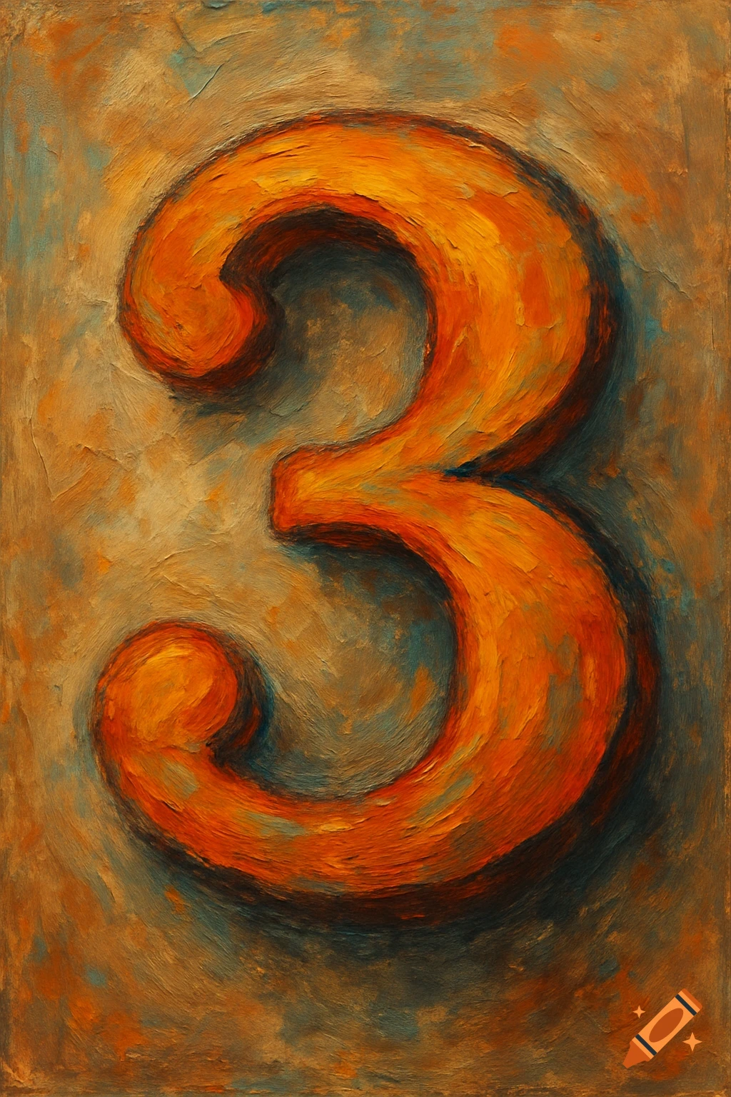 An orange number three painted in a textured, expressive style. on Craiyon