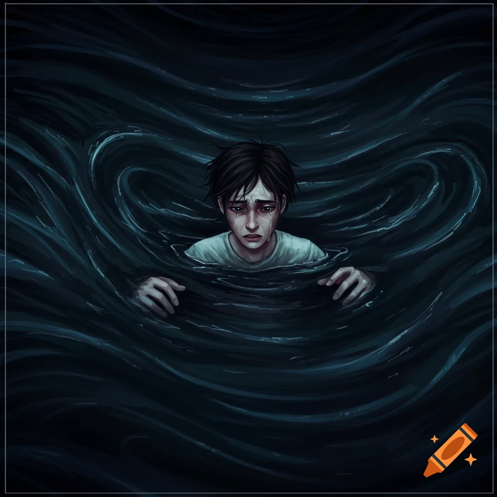 Illustrative painting of a sad person crying and reaching up from dark ...