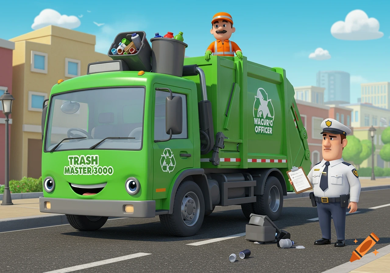 Cartoon garbage truck with trash collector and officer on a city street ...