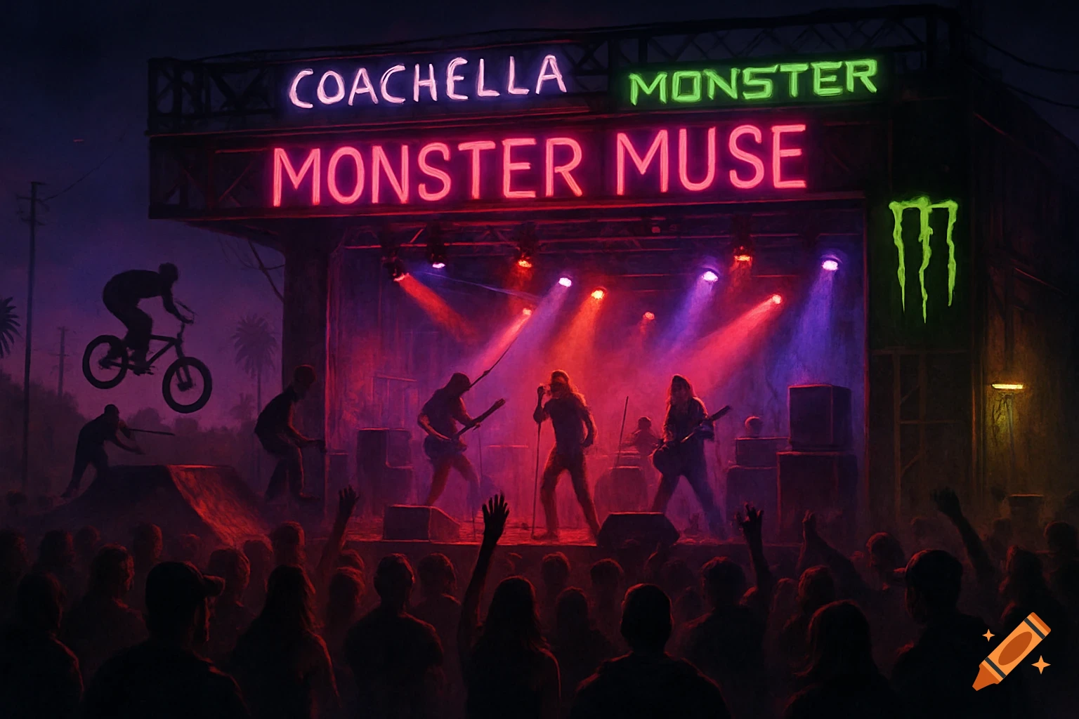 A night scene at a concert stage with a band performing, BMX riders ...