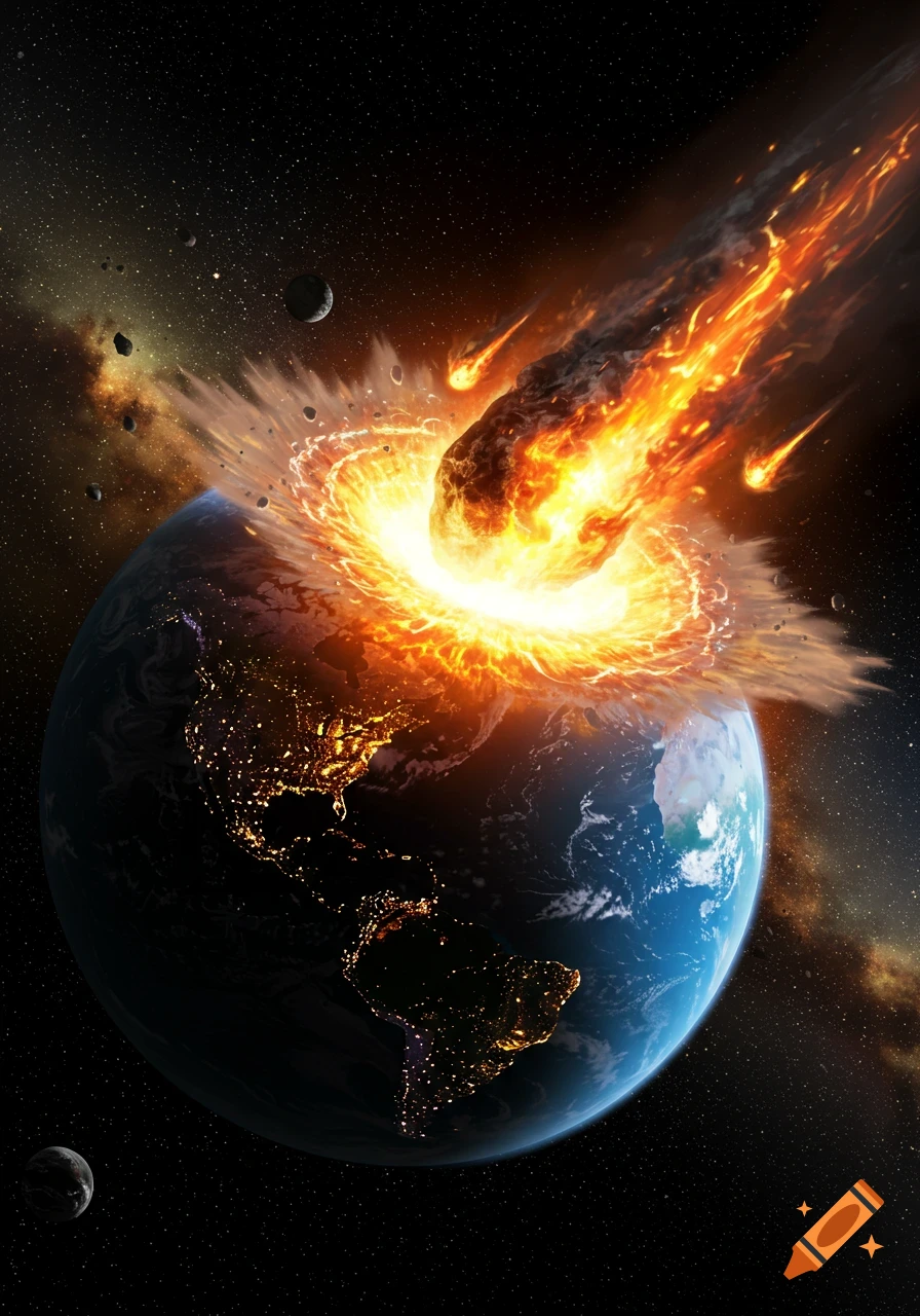 A large meteorite crashes into Earth from space, causing a fiery explosion. on Craiyon