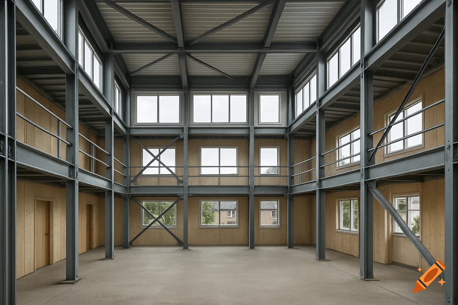 Interior view of a modern steel frame building under construction, showing structural beams and ...