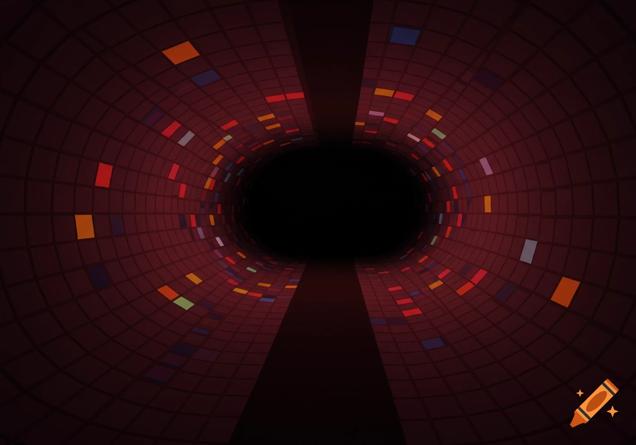 A pixelated red tunnel with colorful square lights fading into darkness ...