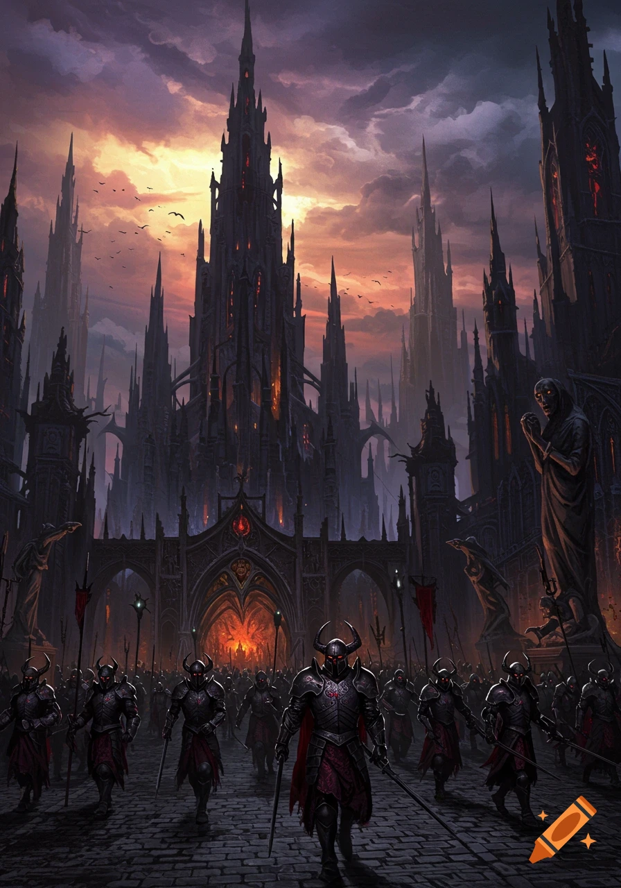 Dark fantasy scene of armored figures marching towards a towering ...