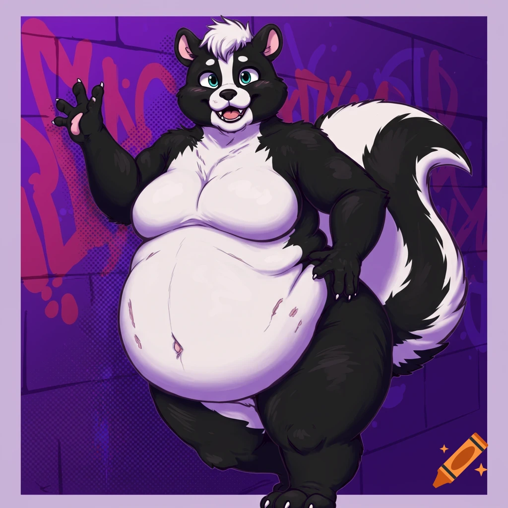 Fat skunk furry stands in front of graffiti wall on Craiyon