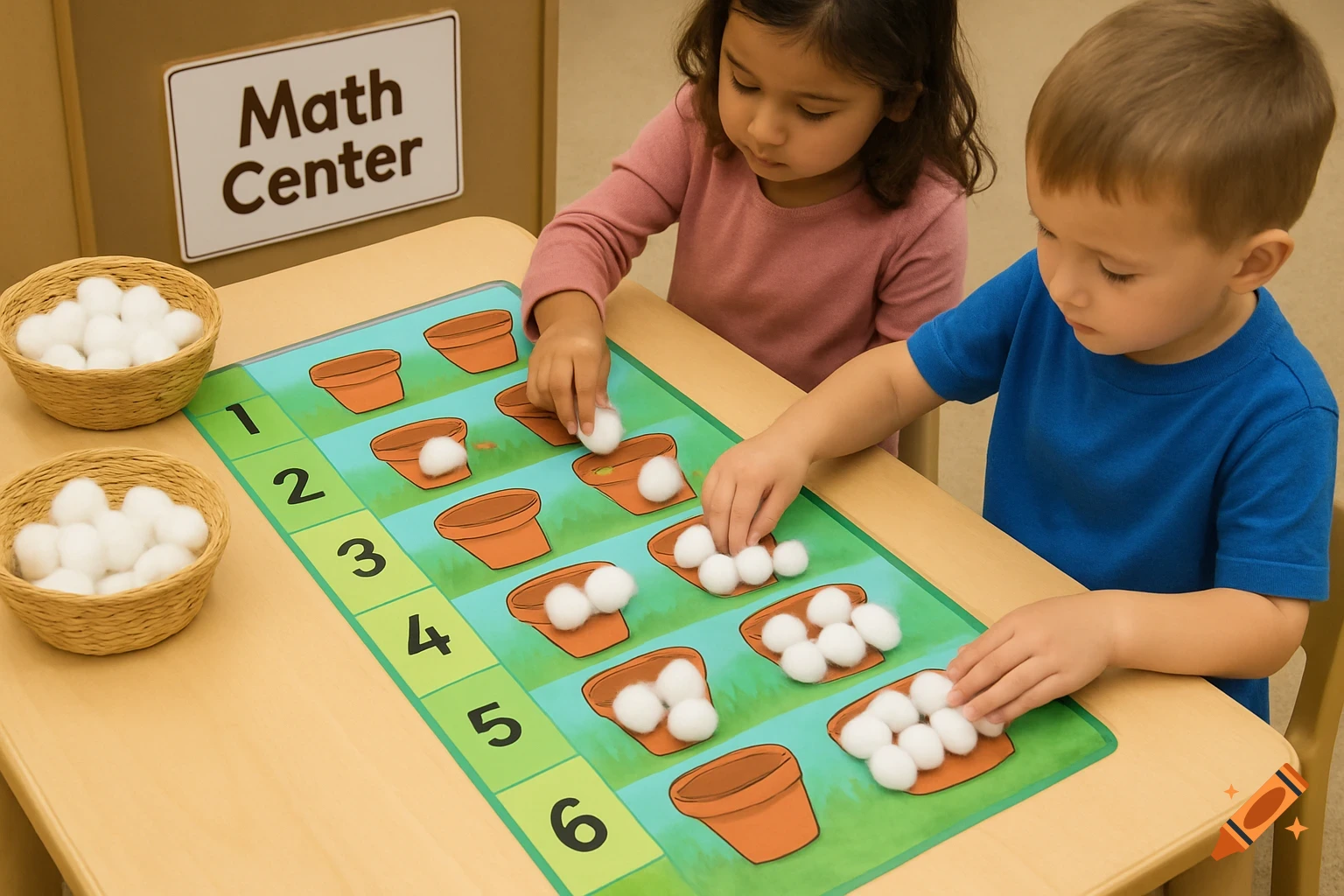 Two young children count cotton balls into flower pots on a numbered ...