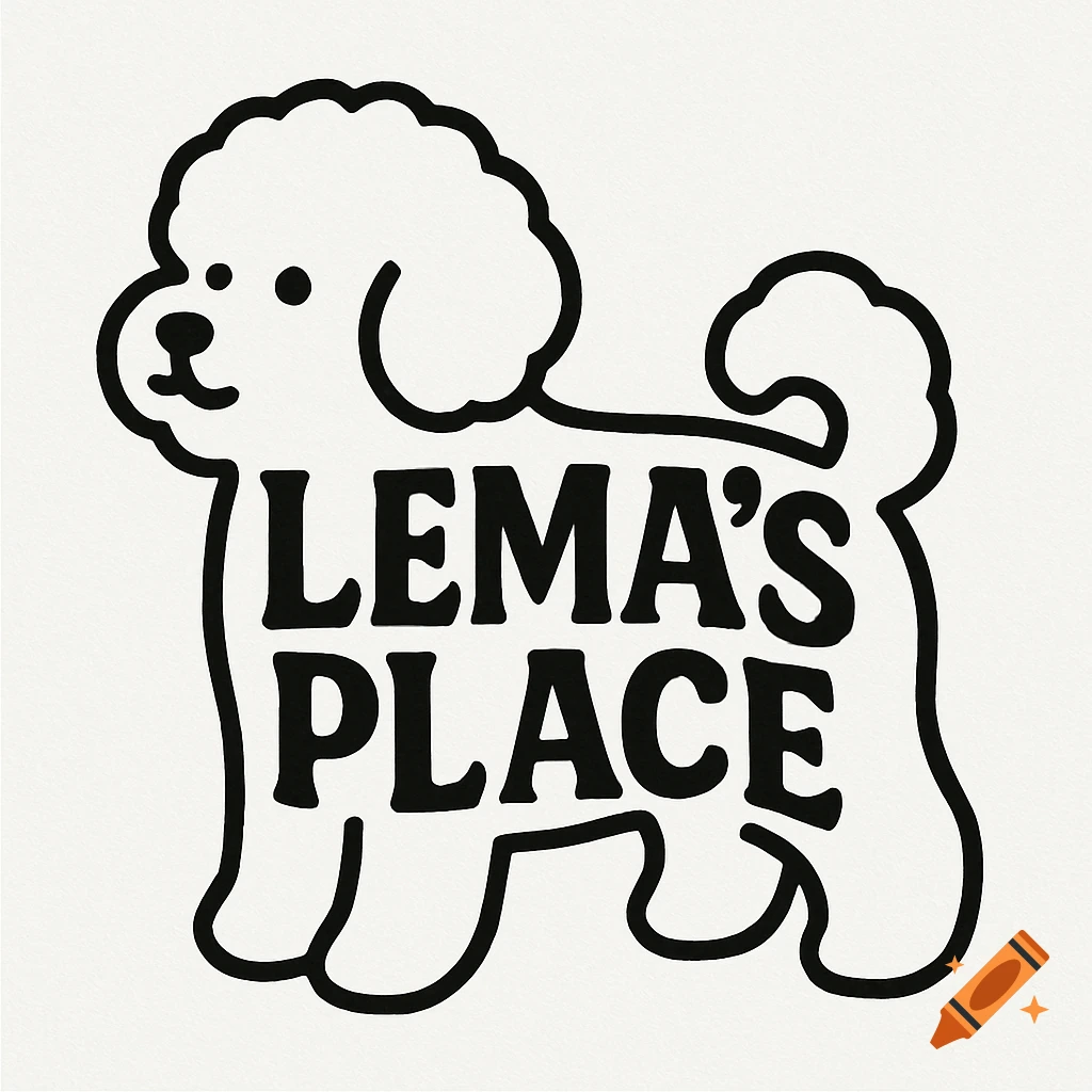 Outline illustration of a poodle-like dog with "LEMA'S PLACE" written ...