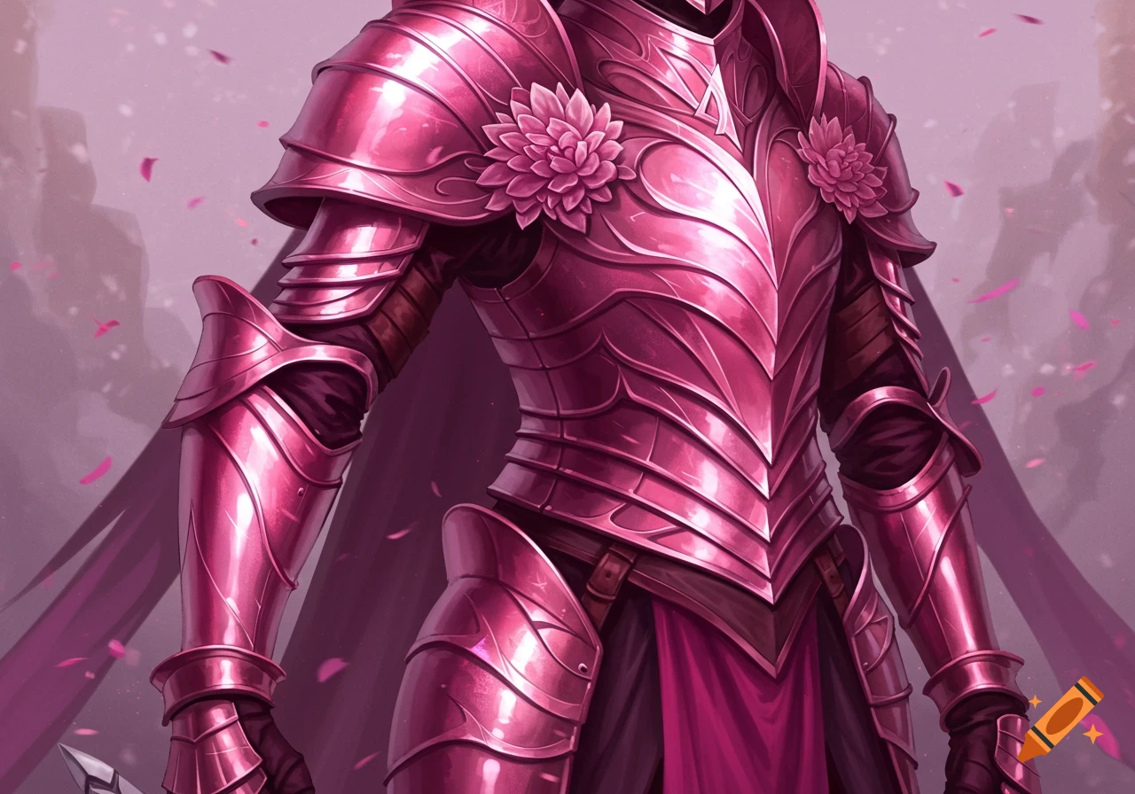 Pink armored knight with floral details and falling pink petals on Craiyon