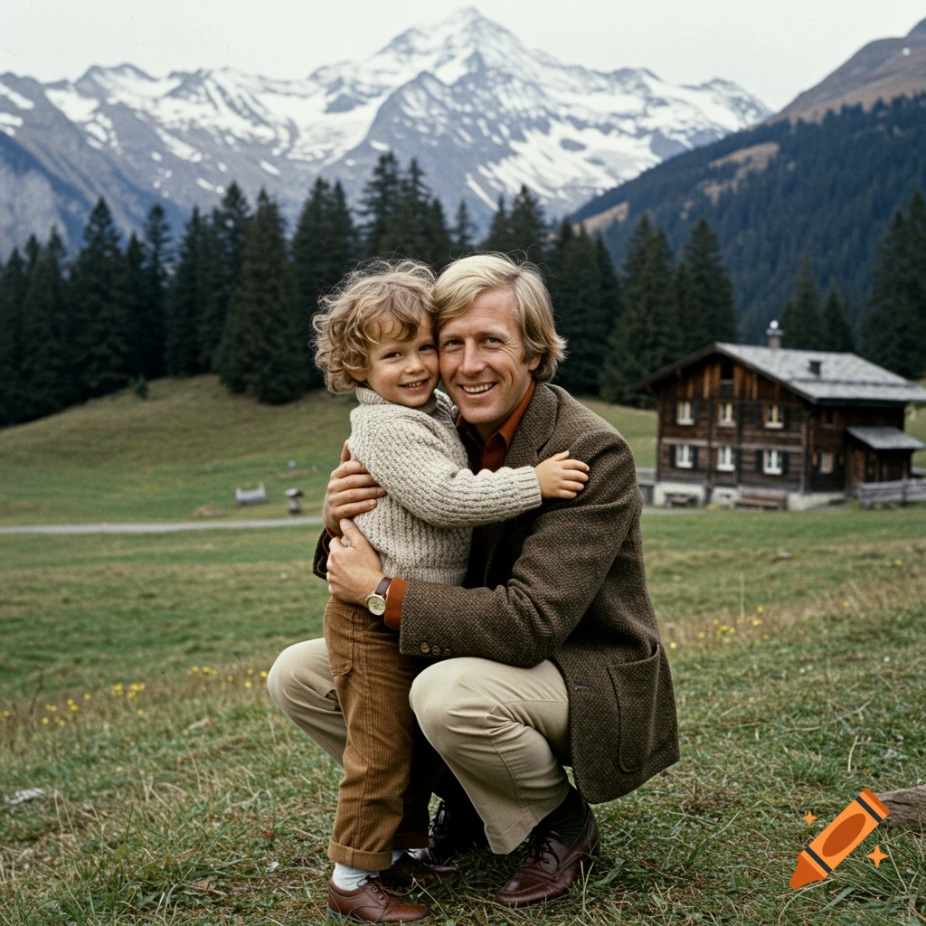 A man and young child hug outdoors in the Swiss Alps. 1970s style photo ...