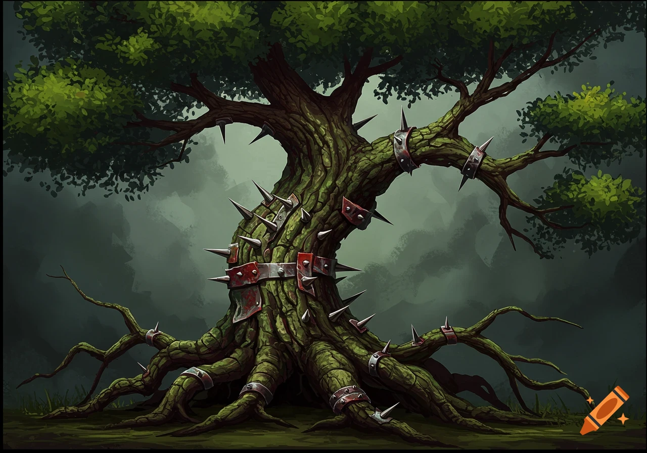 A stylized illustration of a gnarled tree trunk covered in metal bands ...