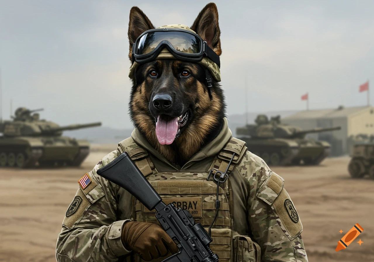 Photorealistic German Shepherd in military gear standing on a base with ...