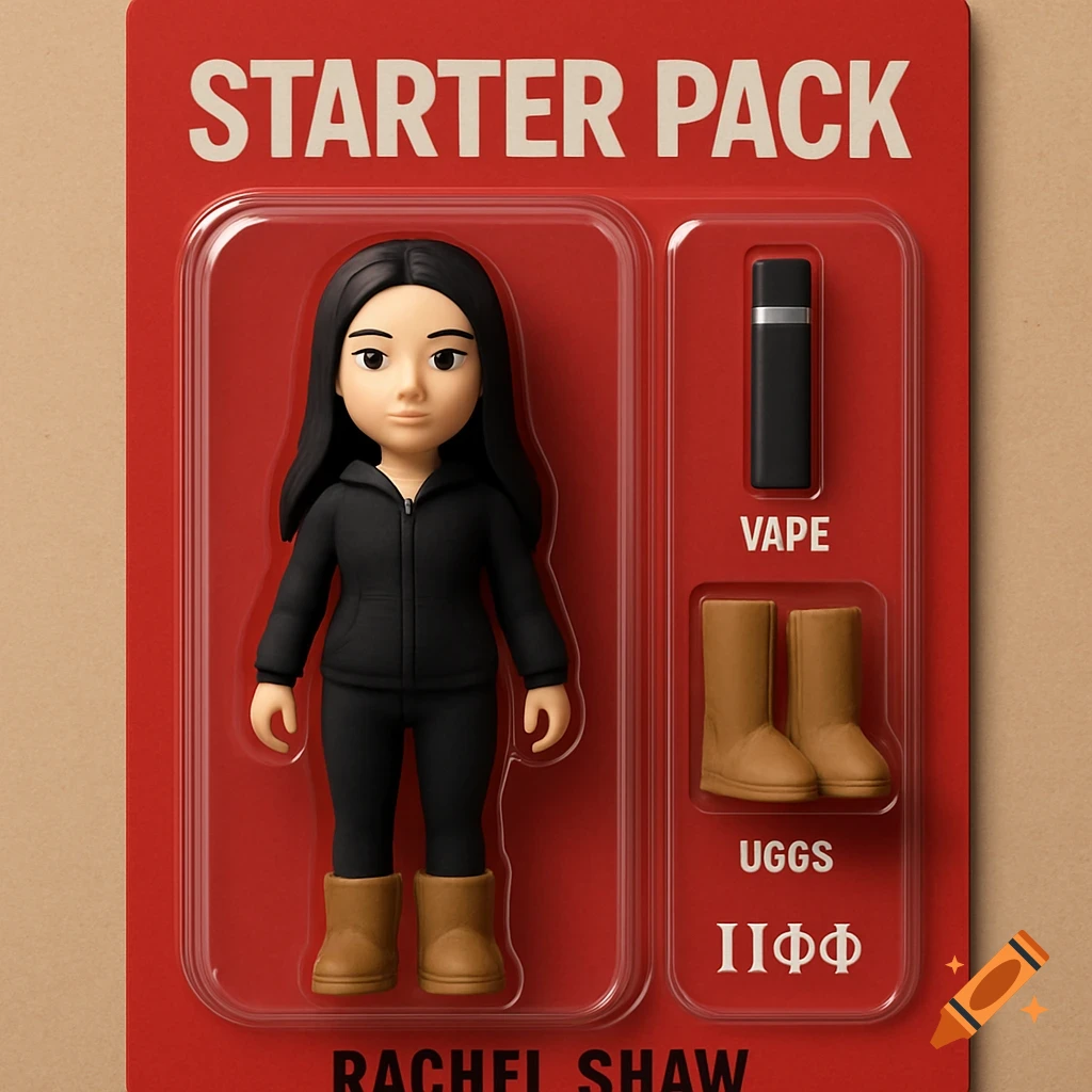 Starter Pack toy in packaging with figurine, vape, and Uggs. on Craiyon