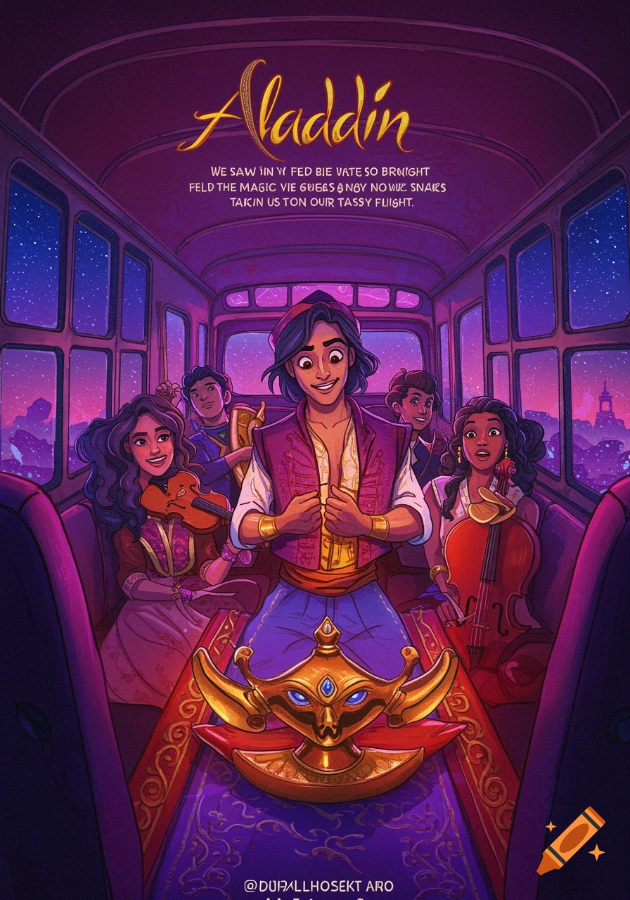Aladdin and friends play music on a bus with a magic lamp. on Craiyon