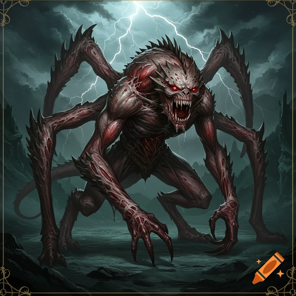 Terrifying fantasy creature with multiple limbs, sharp teeth, and red ...
