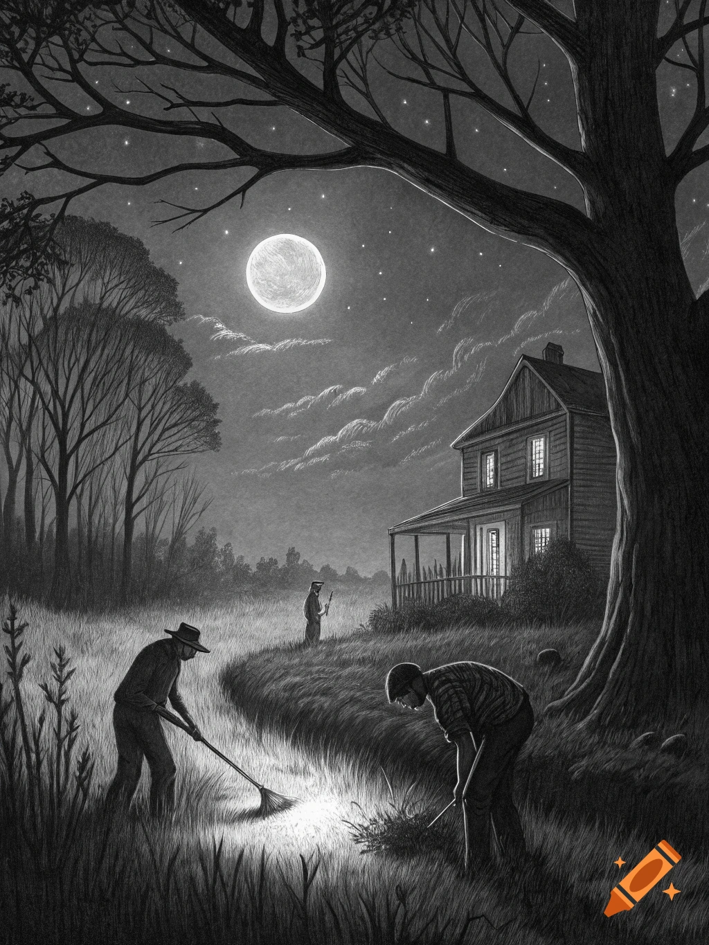 Black and white drawing of figures in a moonlit field near a house at ...