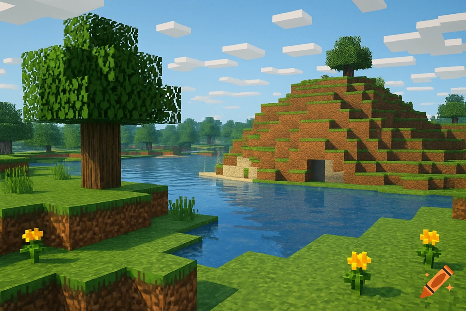 A blocky landscape with a river, hill, trees, and flowers in the style ...