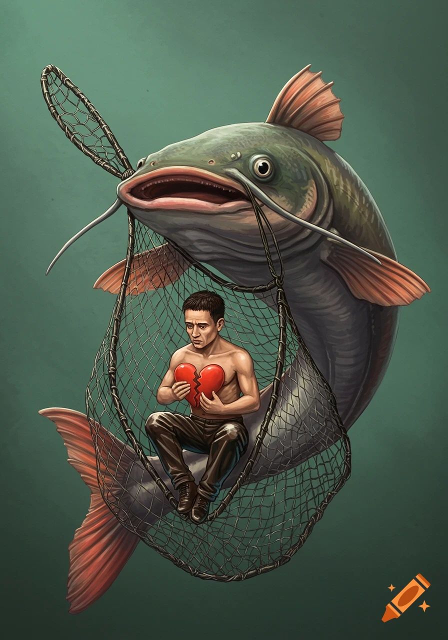 Illustration of a giant catfish holding a net with a tiny man inside ...