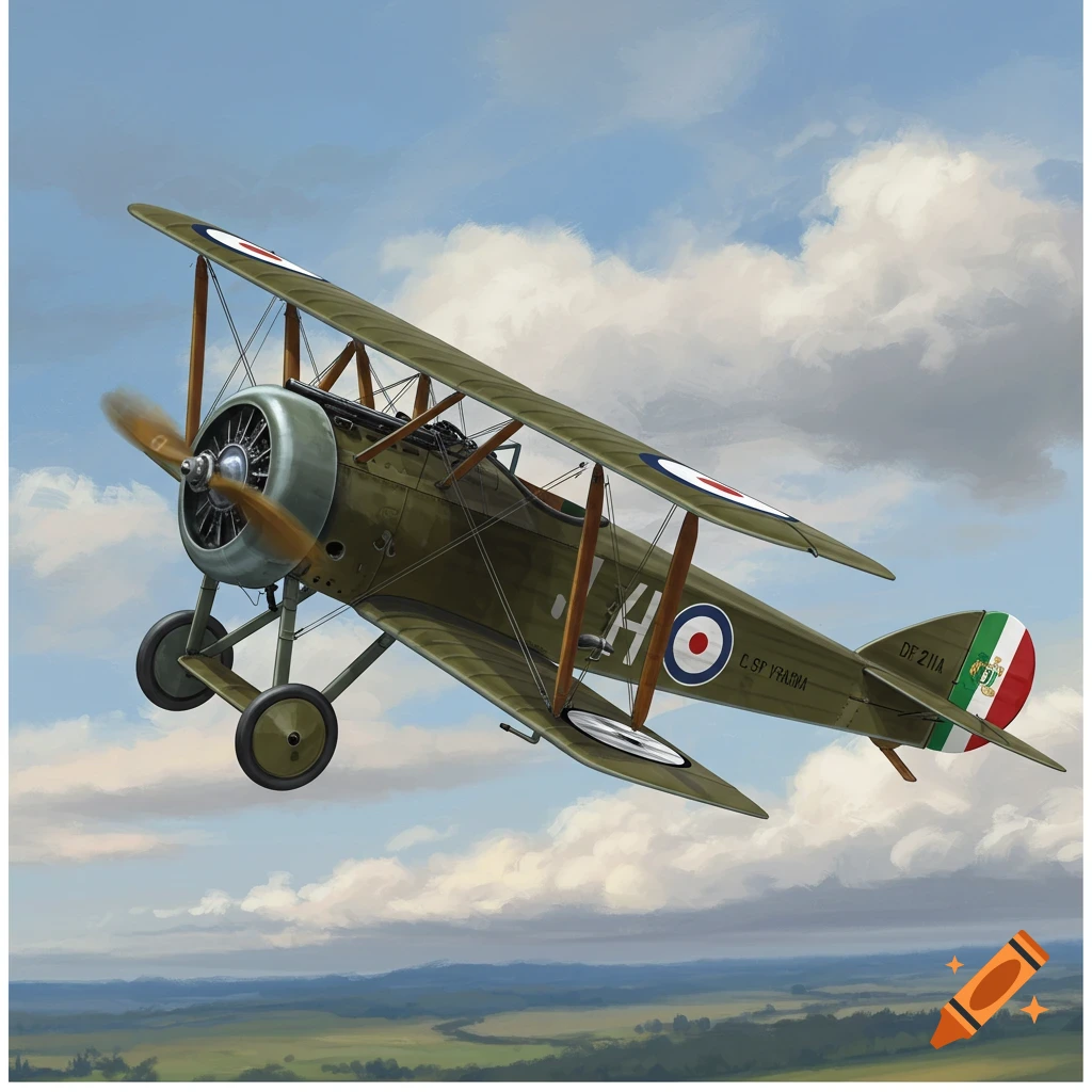 An illustration of a WWI biplane flying in a cloudy sky over a ...