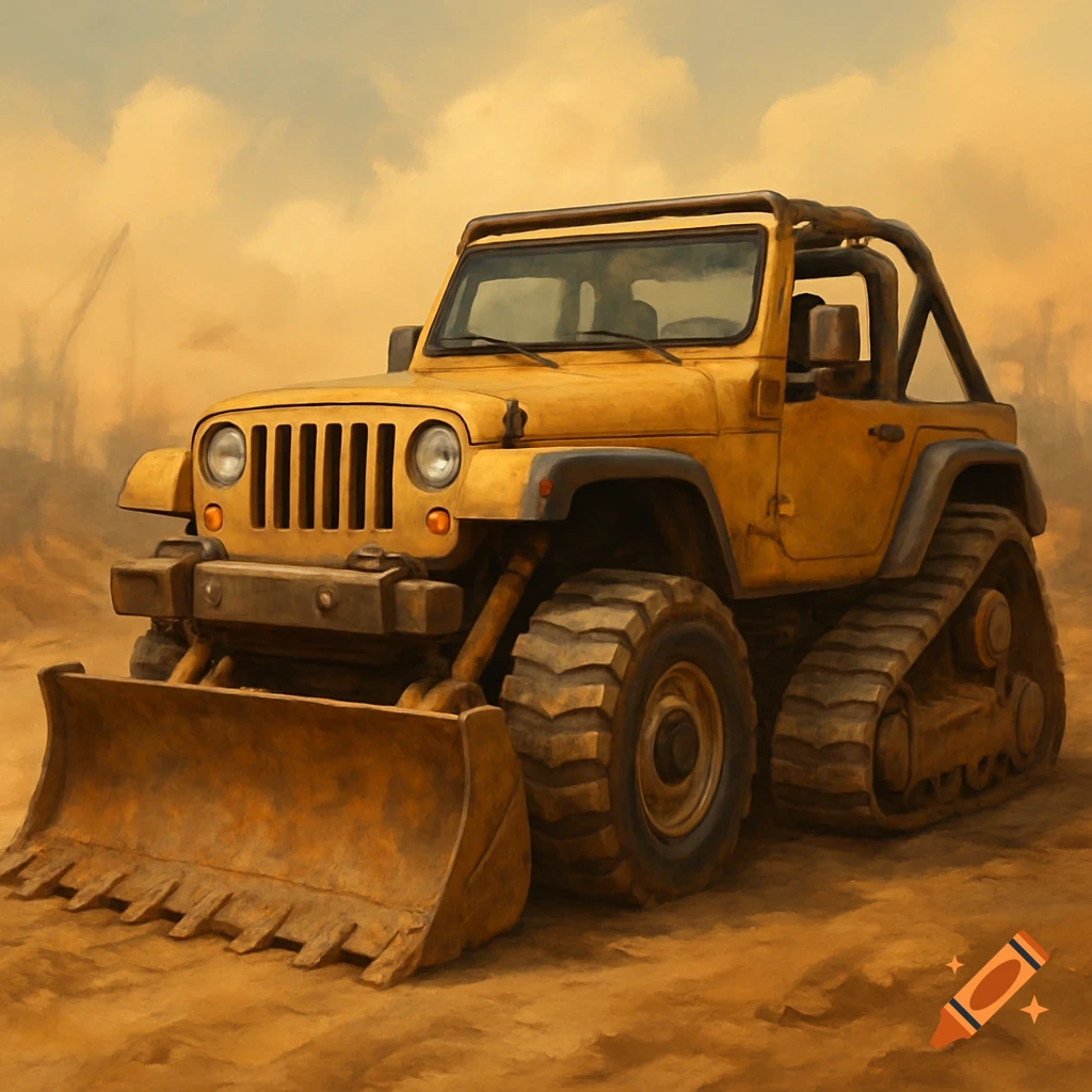 Yellow Jeep modified with a bulldozer blade and rear tracks in a dusty ...