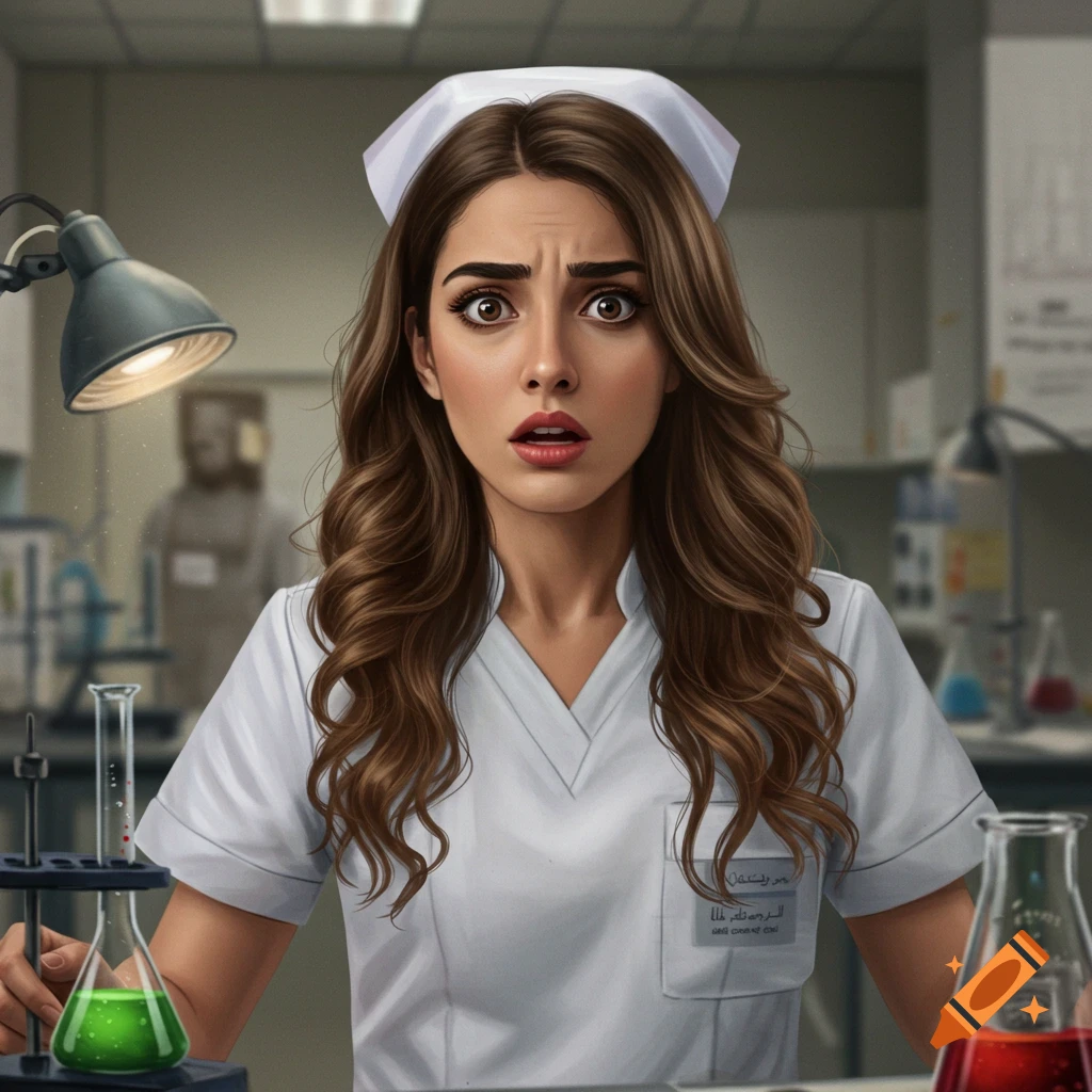A nurse in a lab coat holds a beaker and looks surprised. on Craiyon