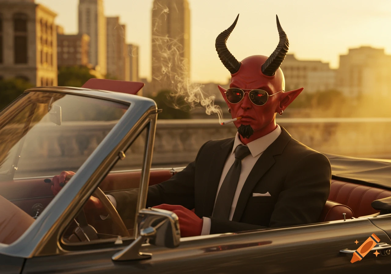 A red demon in a suit and sunglasses smokes while driving a classic ...