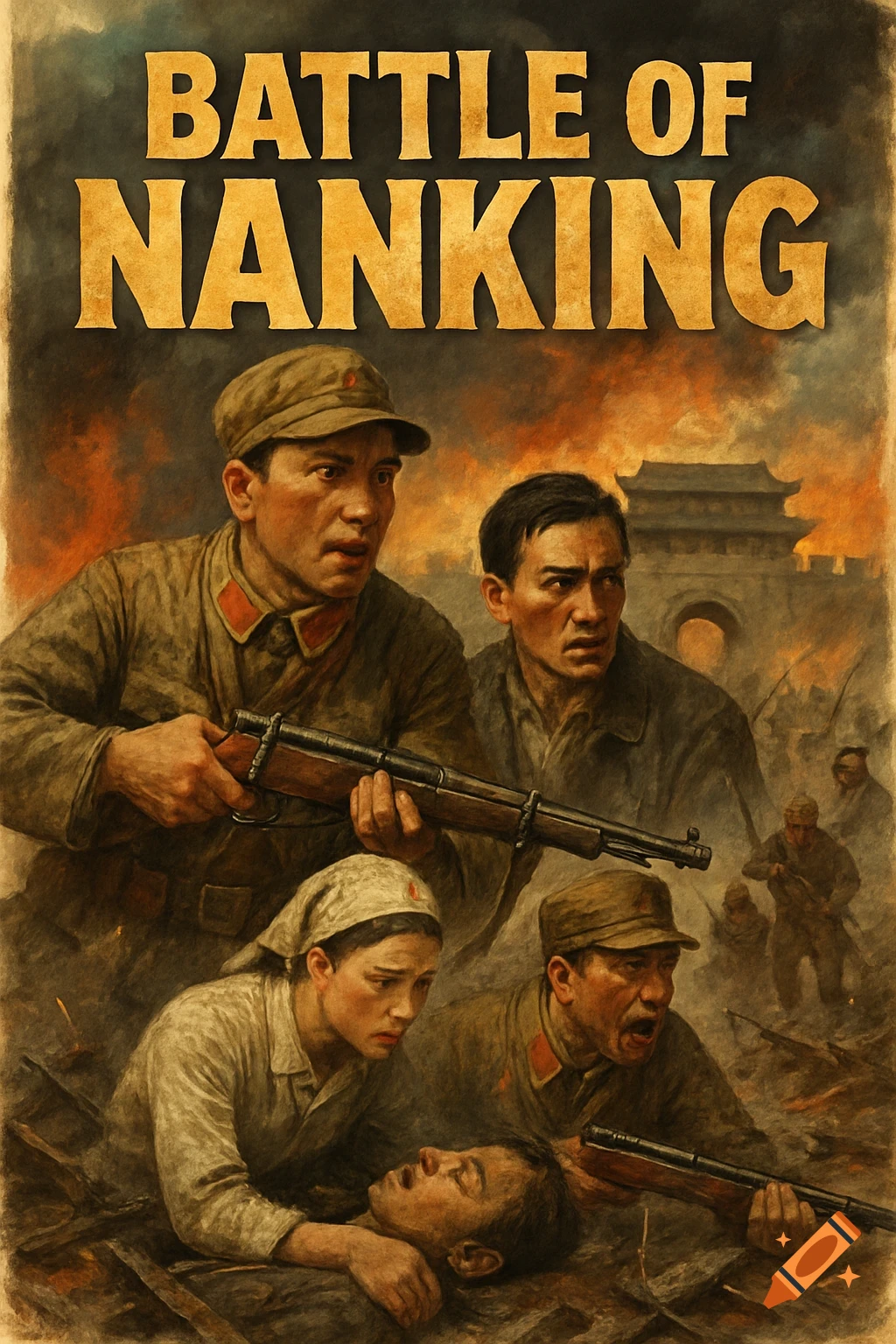 Movie poster for Battle of Nanking featuring soldiers and a woman in a ...