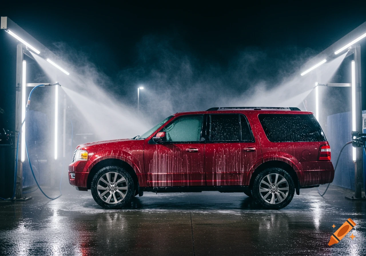Red SUV getting washed at a car wash at night with water spraying on ...