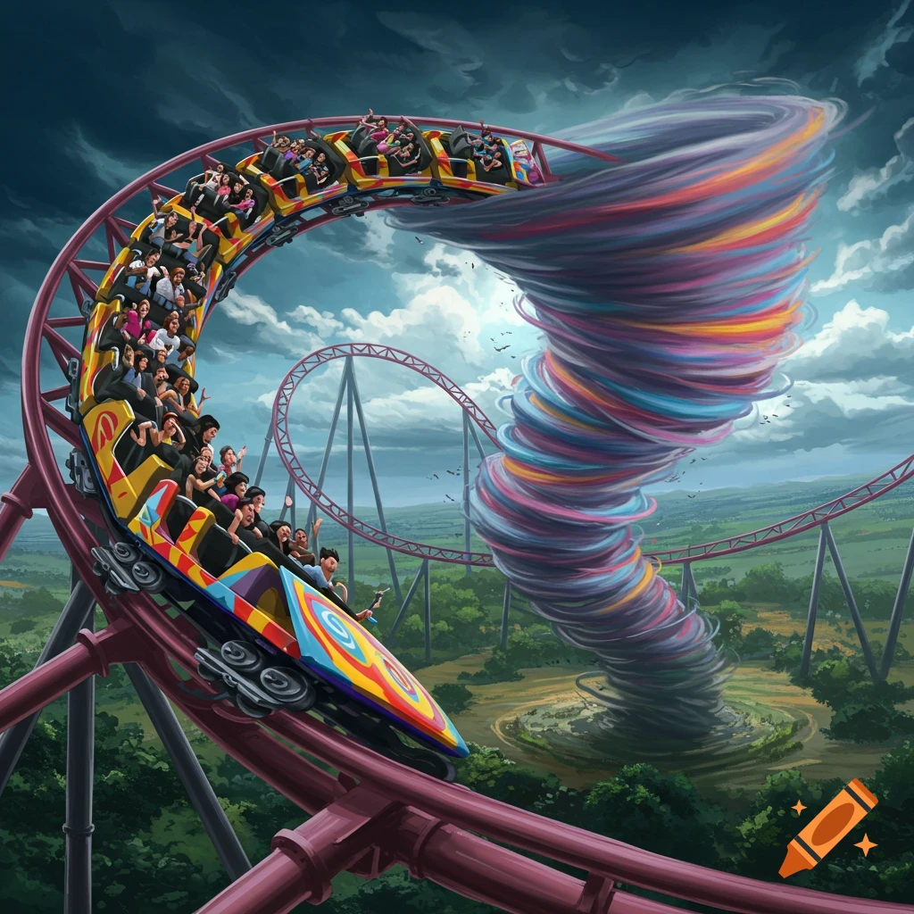 An illustration of a roller coaster car full of people next to a large ...