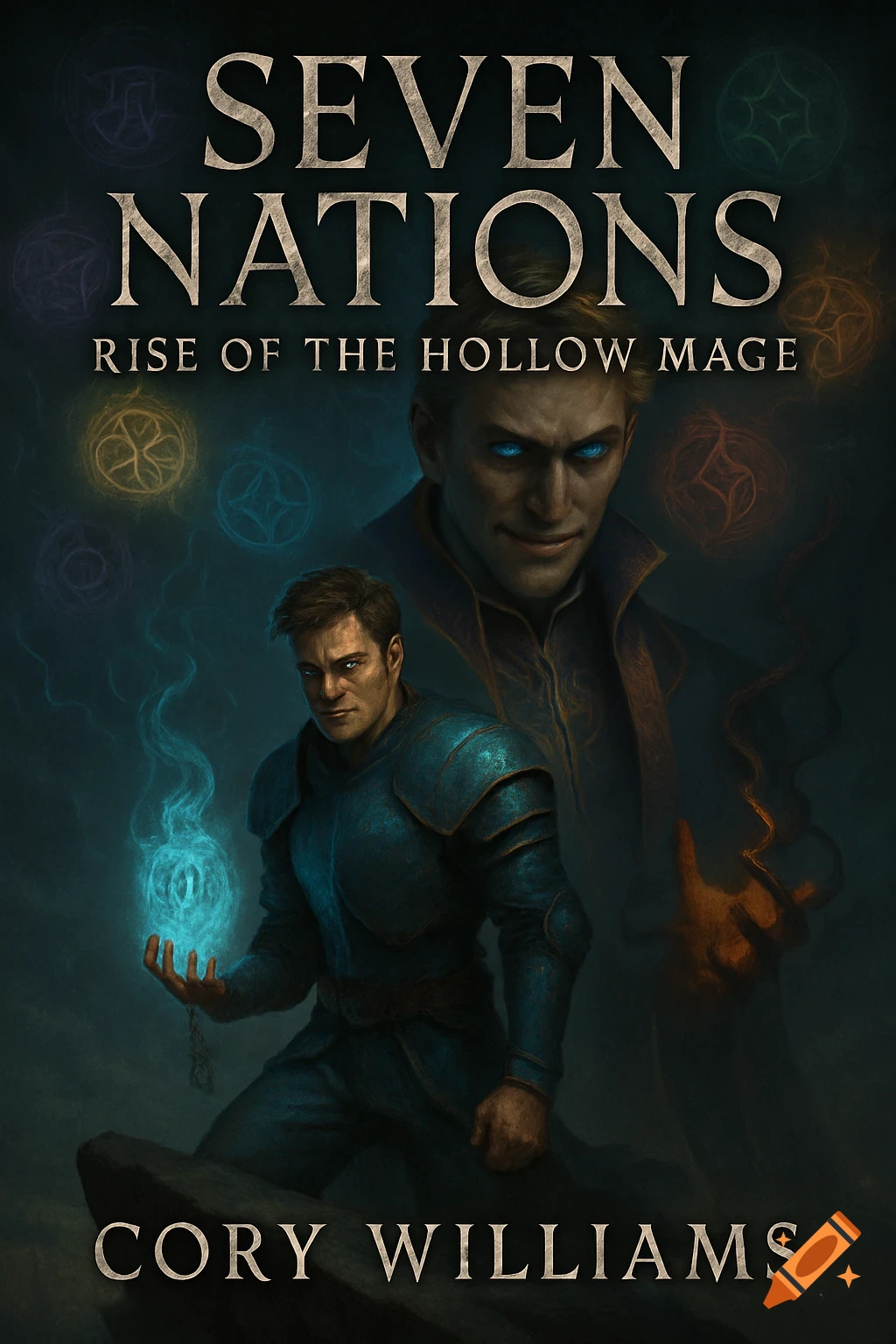 A fantasy book cover featuring two male mages with glowing eyes and ...