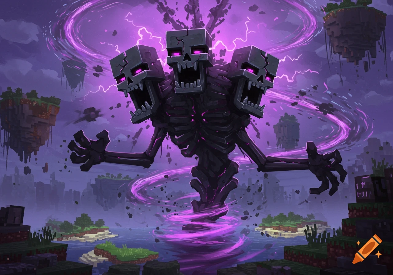 The three-headed Minecraft Wither monster floats in a fantasy landscape ...