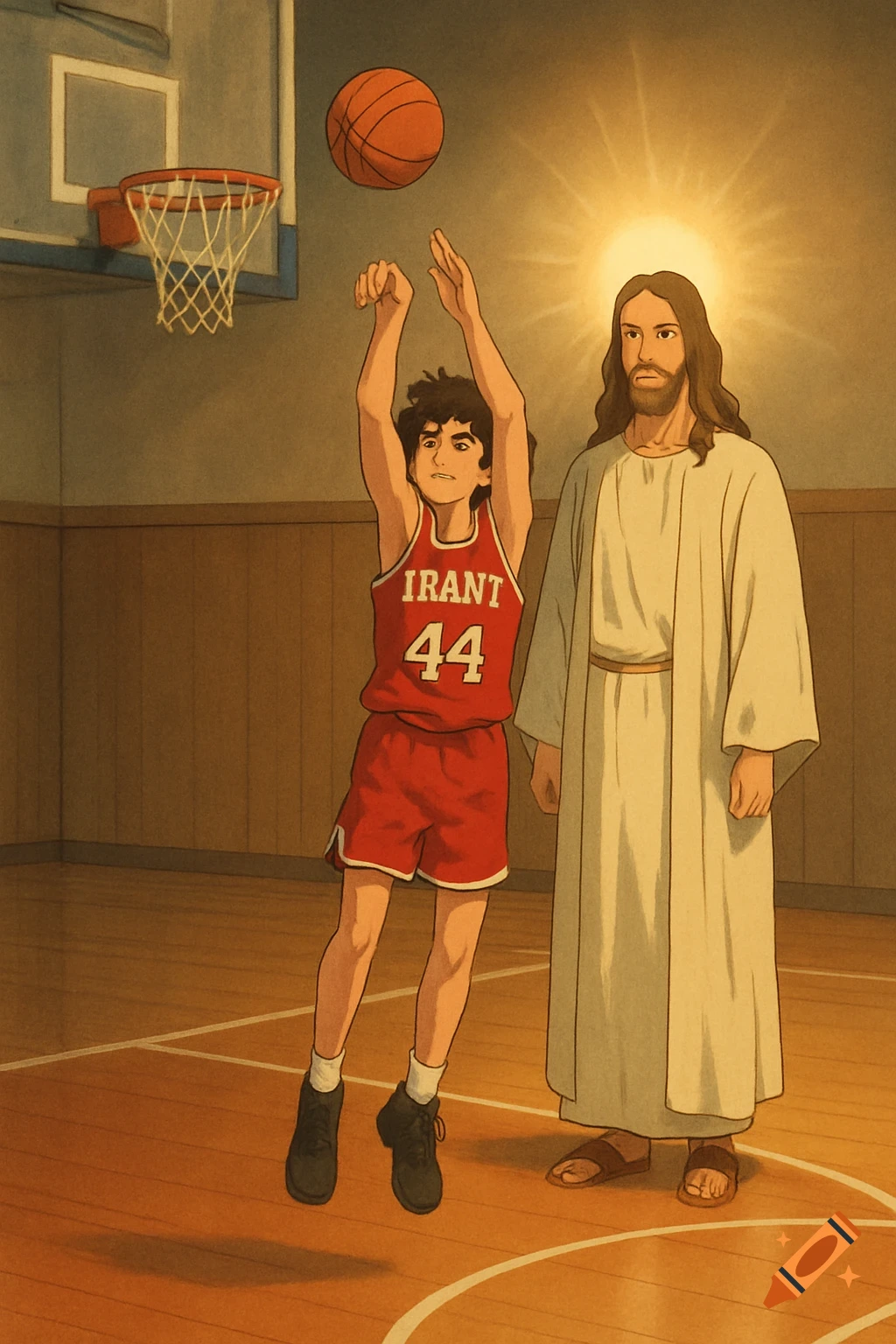 Studio Ghibli-style illustration of a young basketball player shooting ...