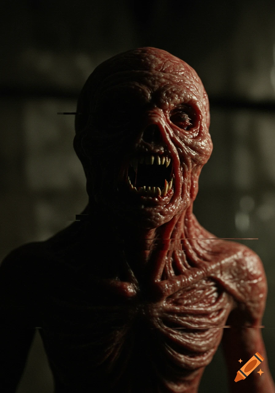 Grotesque skinless monster with sharp teeth in a dark, stylized horror ...