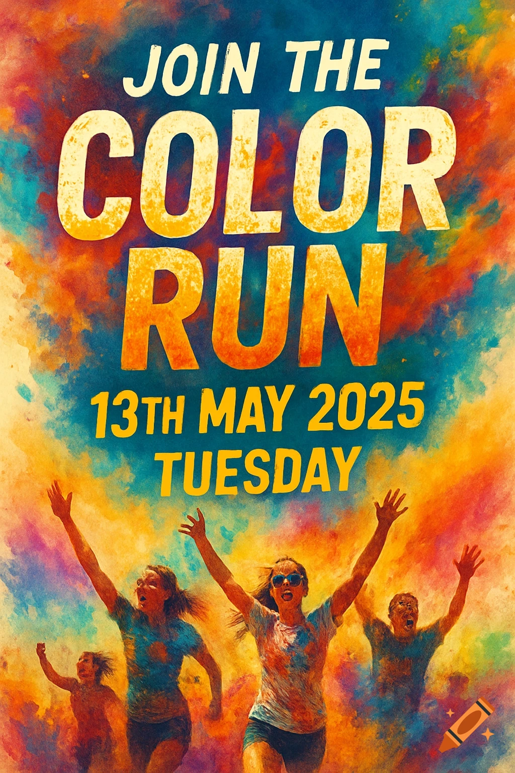 Poster for a color run with runners covered in colorful powder, text ...