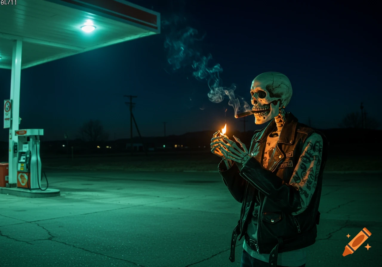 Photorealistic image of a skeleton lighting a cigar at a gas station at ...