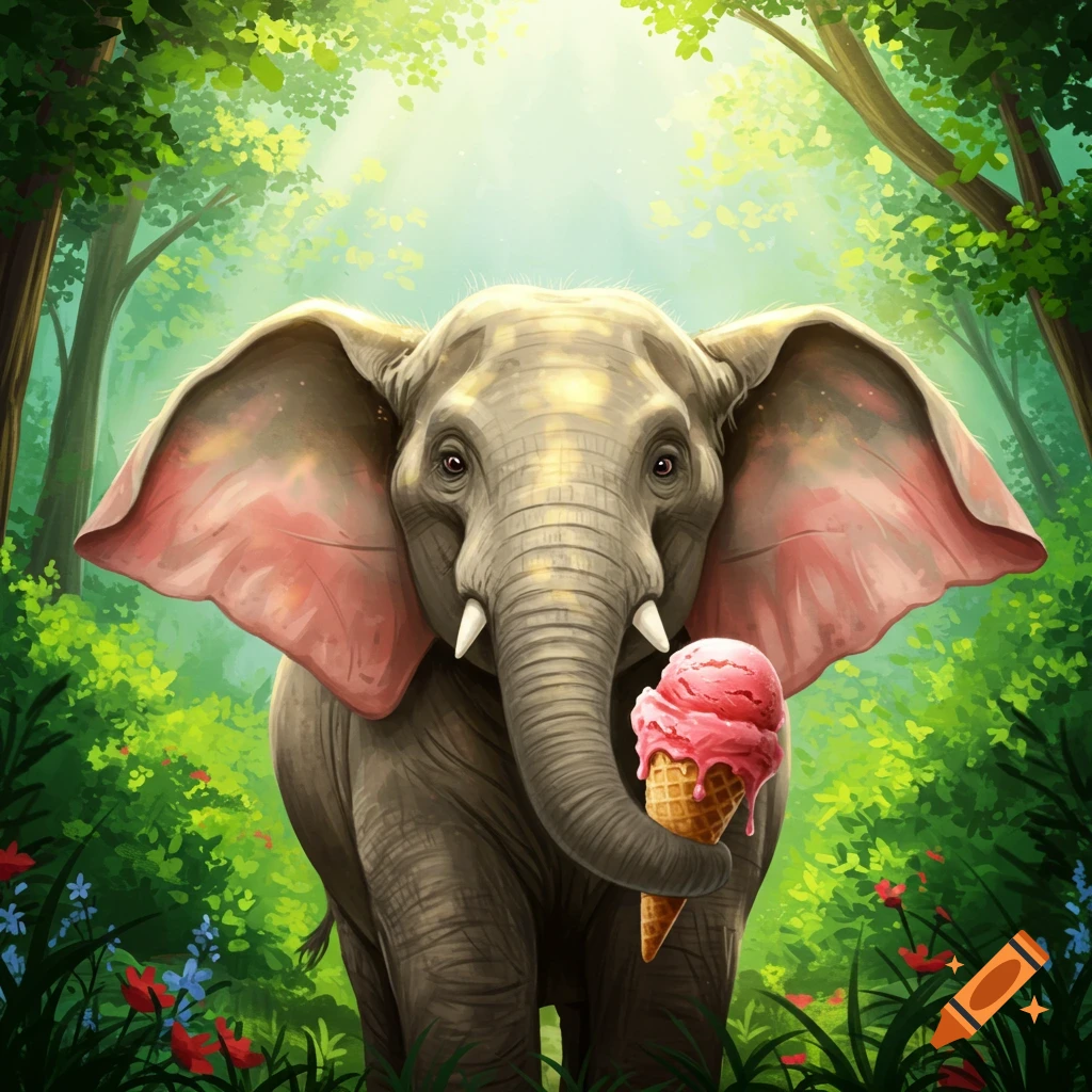 An elephant stands in a forest, holding an ice cream cone in its trunk ...