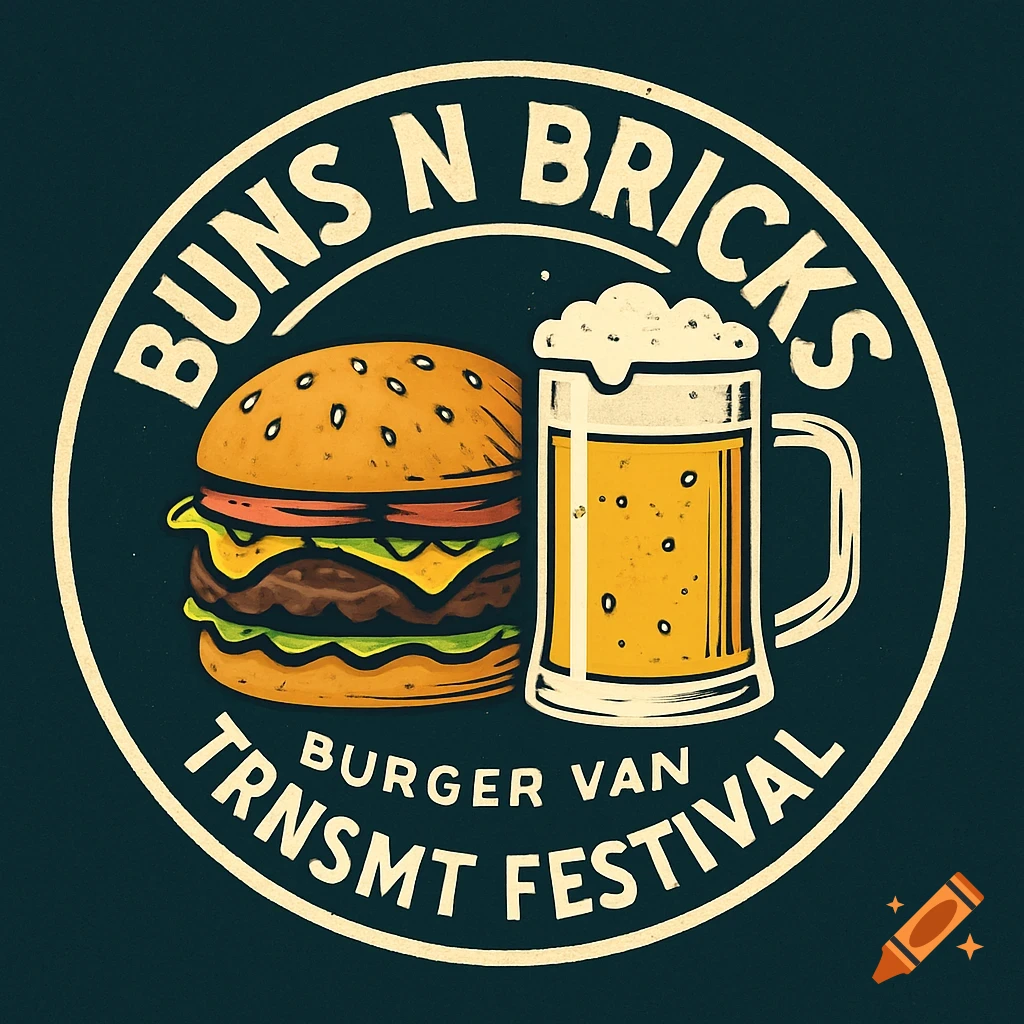 Cartoon logo with a burger and beer mug inside a circle, text says BUNS ...