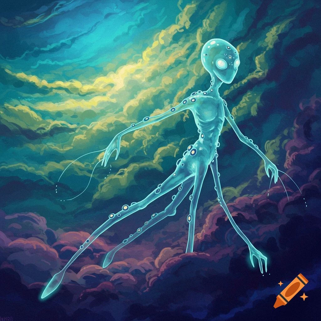 A translucent blue alien with multiple limbs and suckers floats among ...