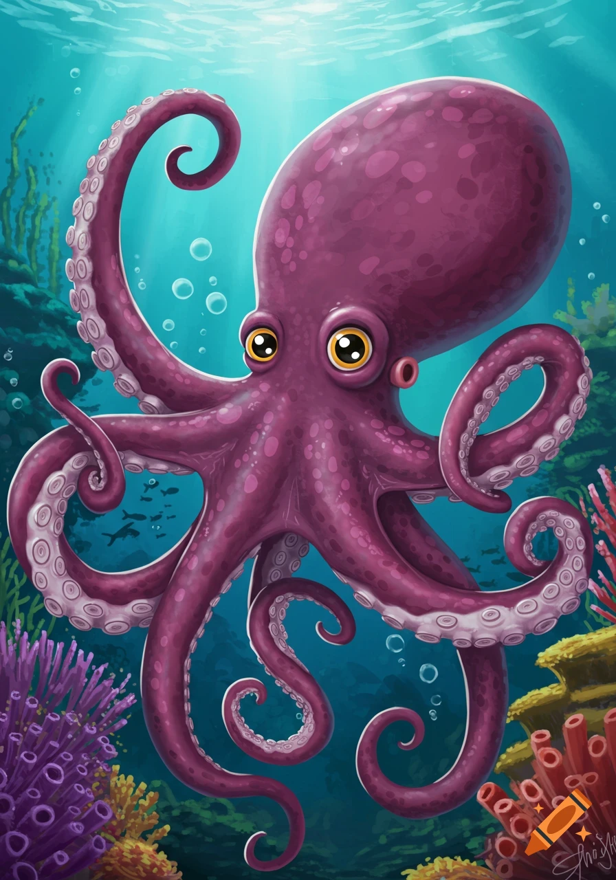 A cartoon purple octopus floats underwater among coral and bubbles. on ...