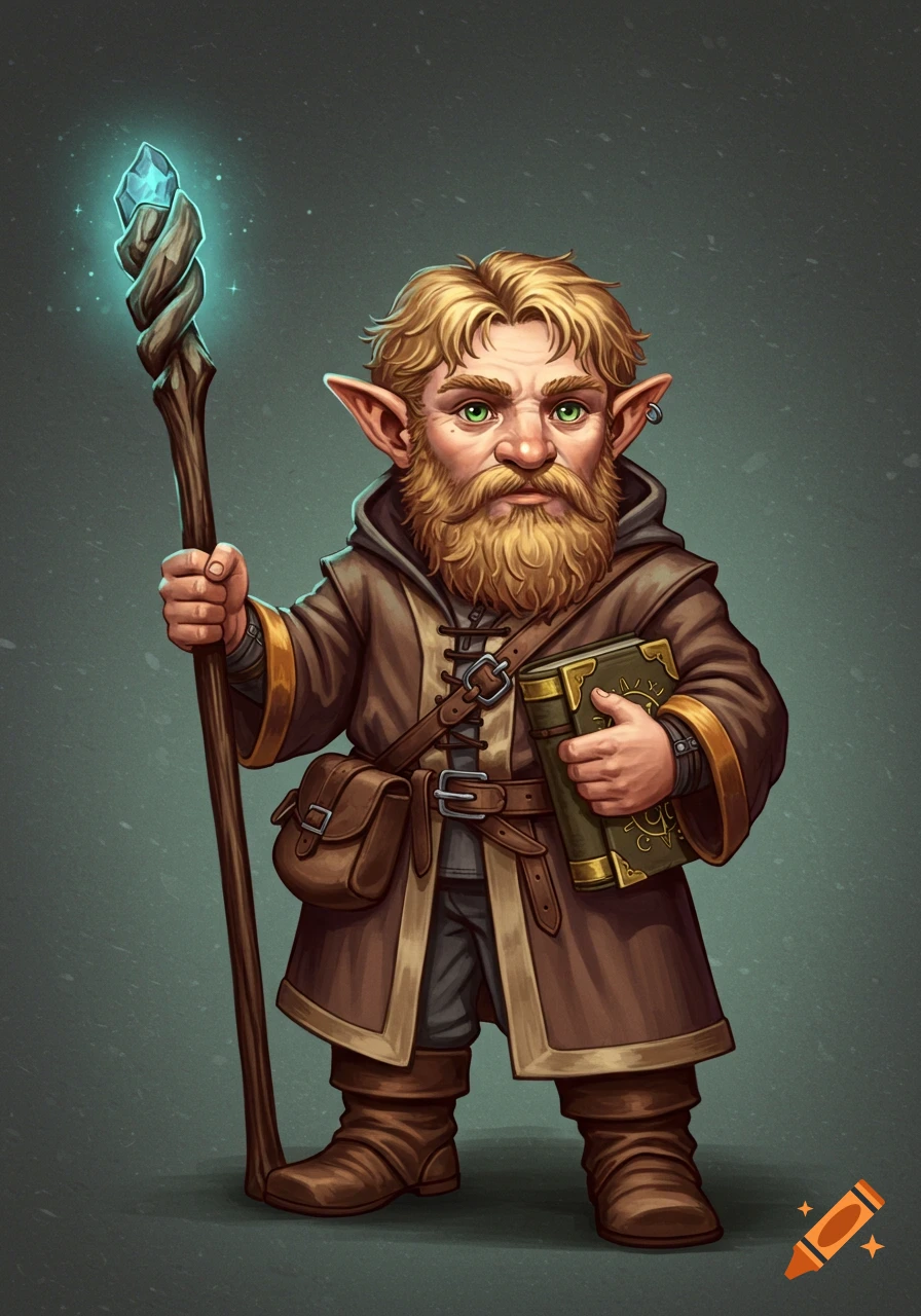 A fantasy illustration of a gnome wizard holding a glowing staff and ...