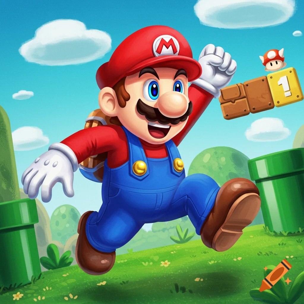 Mario jumping in a grassy landscape with pipes and blocks, illustration ...