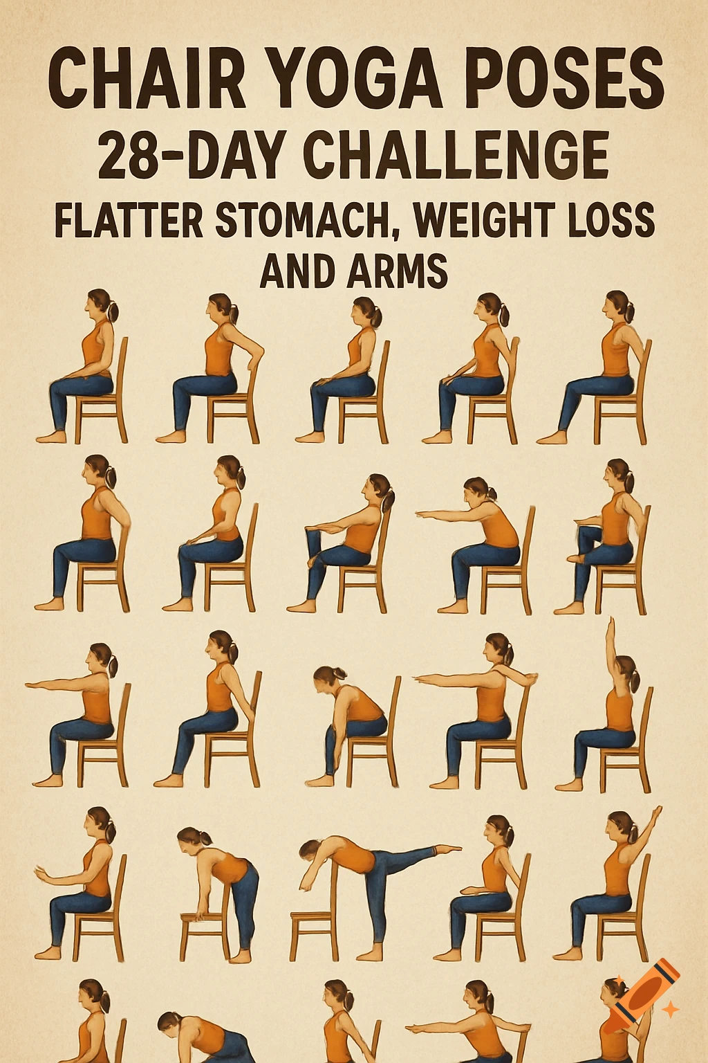 Illustration showing various chair yoga poses with text 'Chair Yoga ...