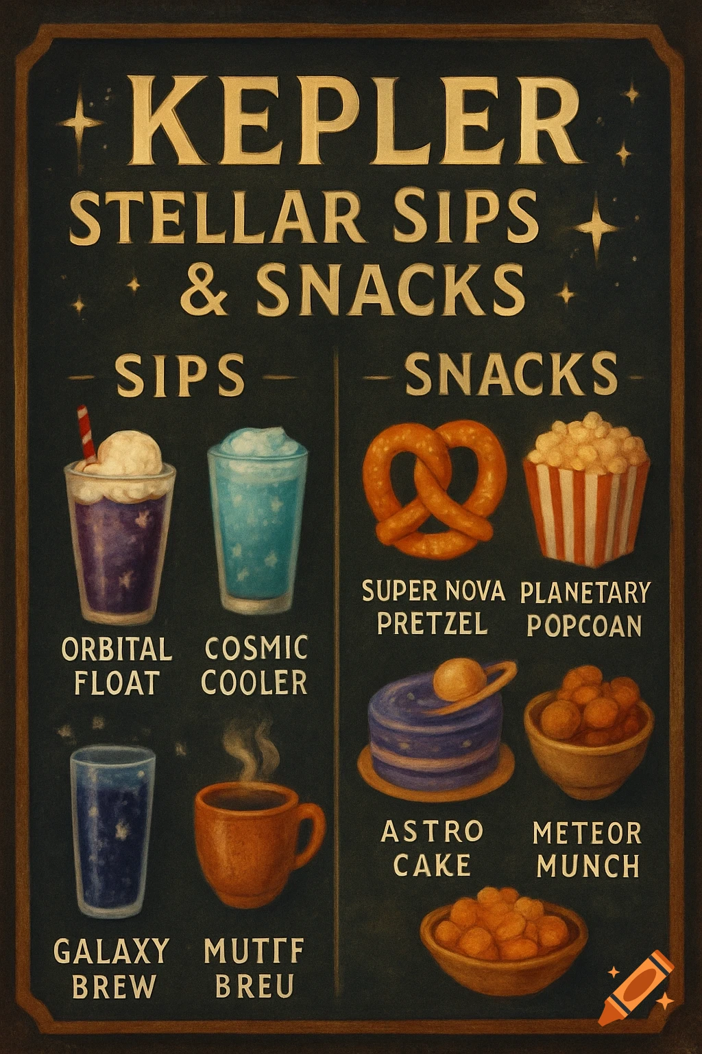 Vintage menu poster for Kepler Stellar Sips & Snacks featuring space-themed drinks and snacks ...